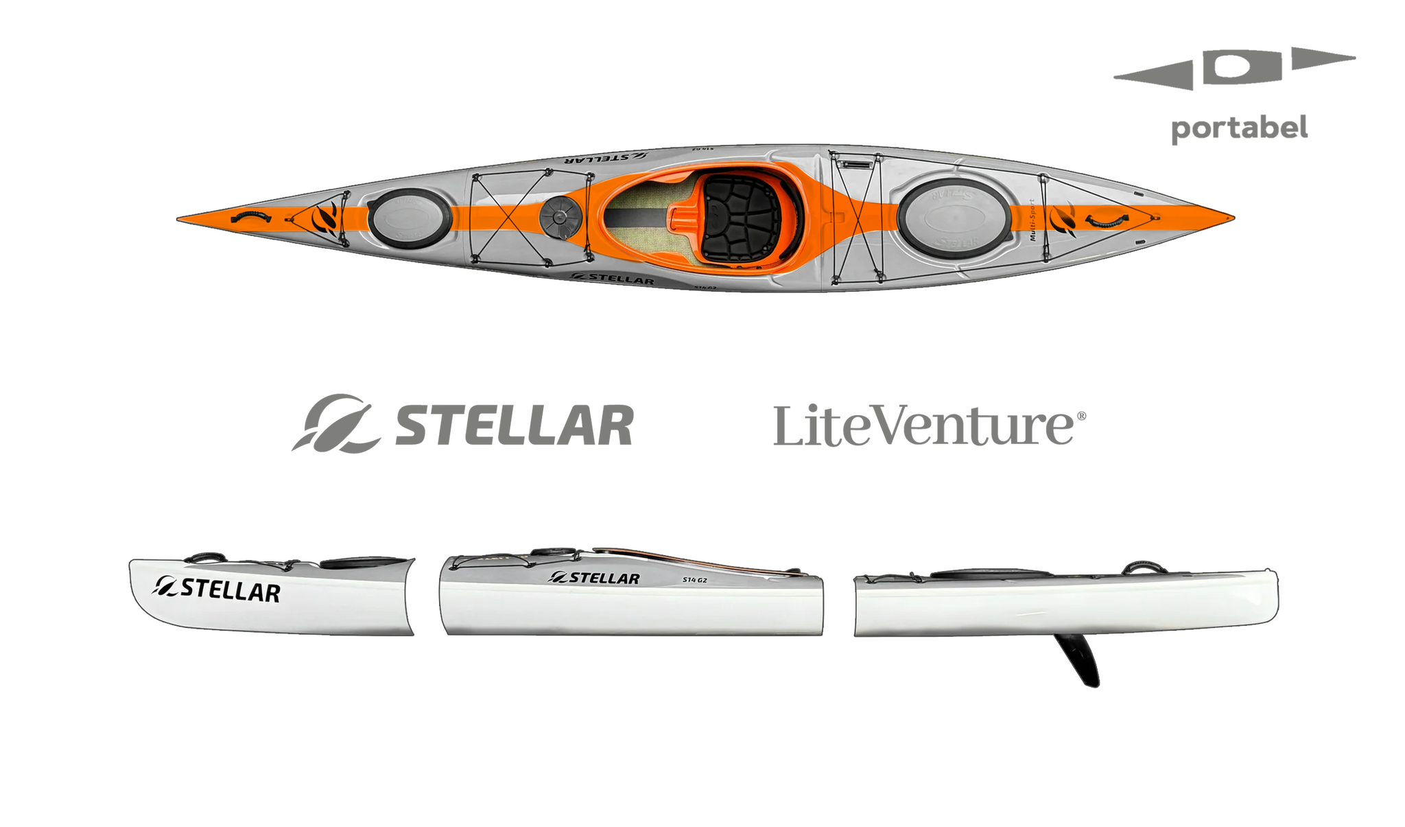 Divisible, lightweight kayak Stellar S14 Mod, grey/orange