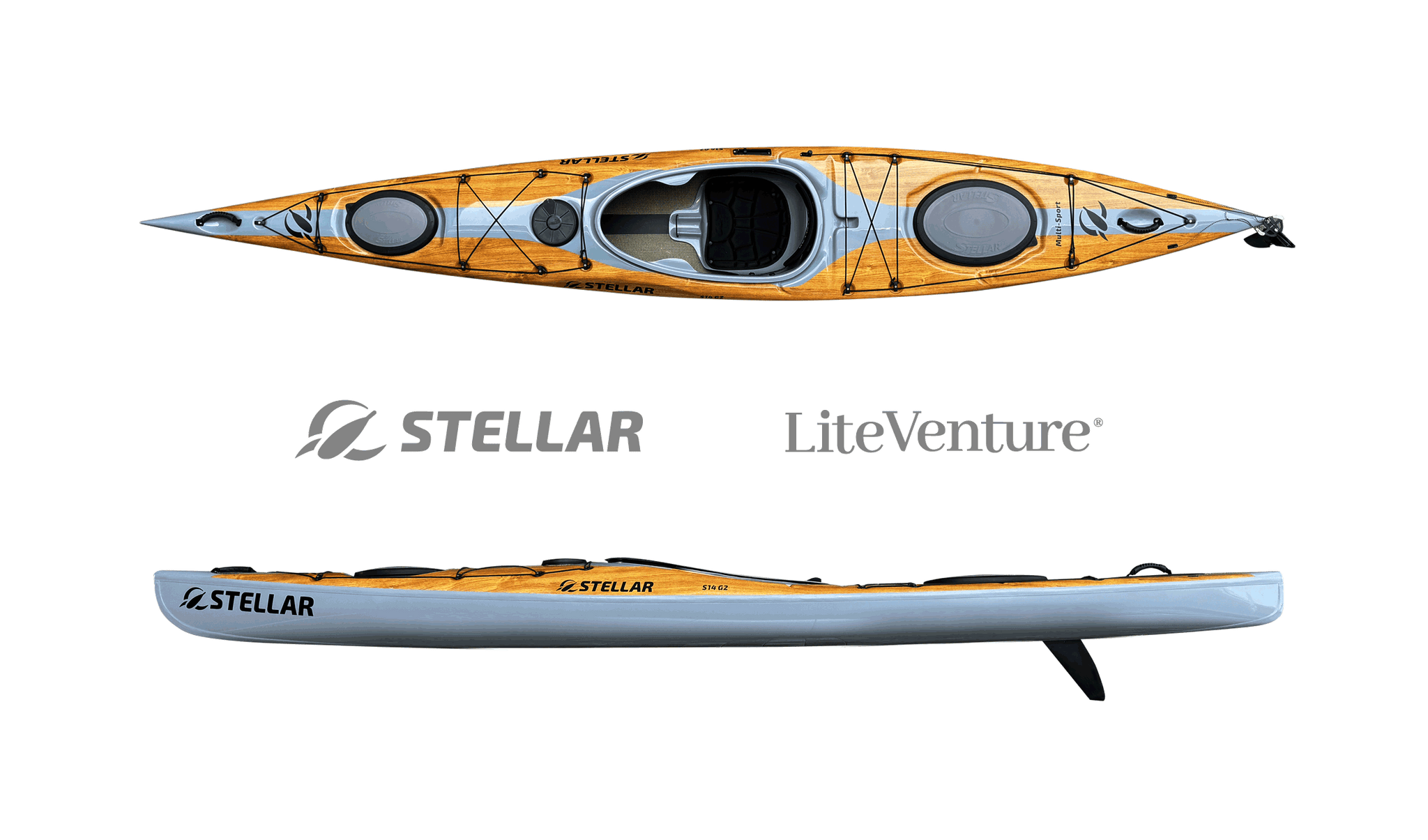 Lightweight leisure kayak Stellar S14 with wooden design
