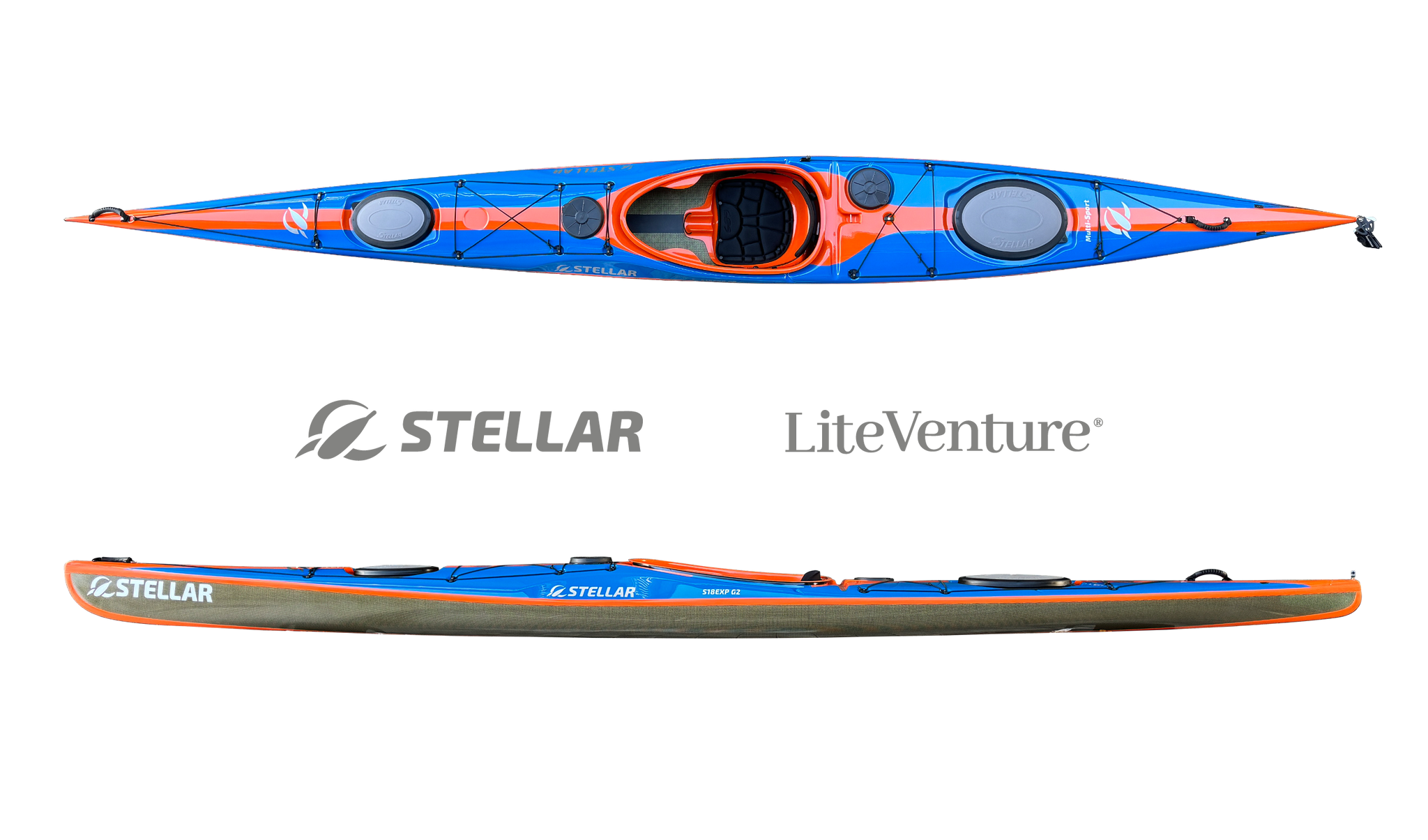 Lightweight kayak Stellar S18 Expedition G2, blue/orange