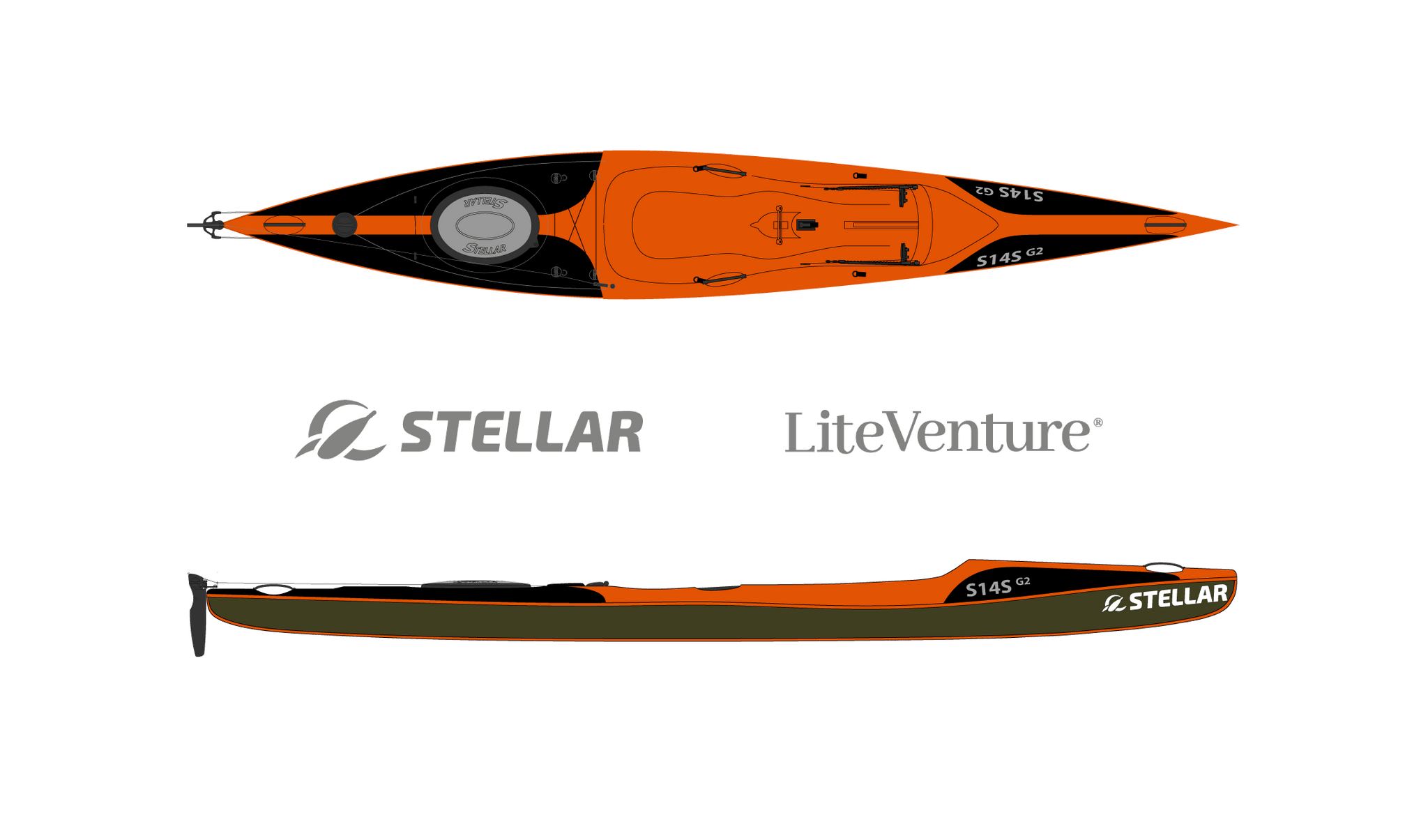 Lightweight sit-on-top kayak Stellar S14S Puffin, black/orange